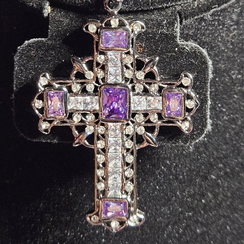 Pave Crystal And Amethyst Stone Cross Pendant - Gem